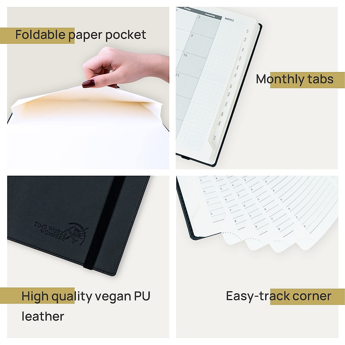 POPRUN 2023 Planner with Hourly Schedule & Vertical Weekly Layout - Agenda 2023 Weekly and Monthly 6.5" x 8.5", Monthly Expense & Notes, Inner Pocket, Vegan Leather Soft Cover - Black