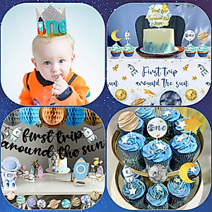 First Trip Around The Sun Birthday Party Decoration Pack, 1st Baby Shower Space Birthday Party Supplies Including Banner, Backdrop, Garland, Tablecloth, Felt Hat, Honeycomb, Cake Toppers, Latex and