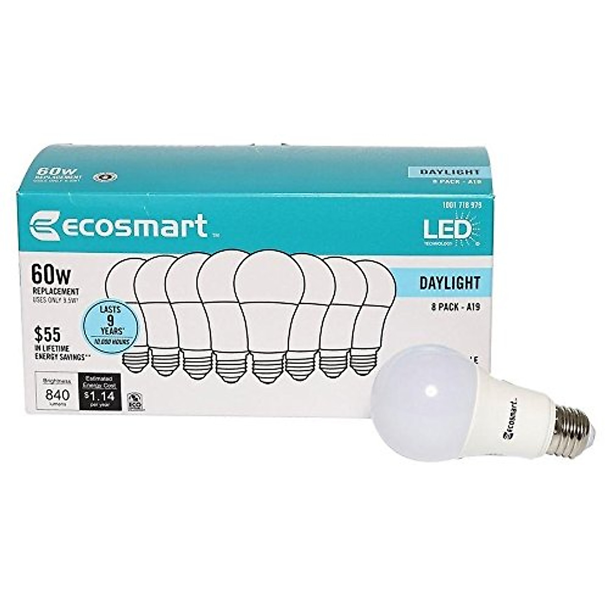 Ecosmart 8-Pack A19 - 60 Watt Equivalent Daylight (5000K) LED Light Bulb