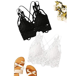 Floerns Women's Sexy Lace V Neck Criss Cross Back Bralette Crop Top Black White S