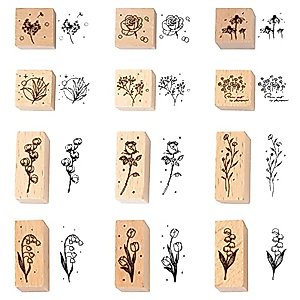 Wooden Plant Patterns Rubber Stamp - Plant and Flower Decorative Wooden Rubber Stamp Set for DIY Craft Card Scrapbooking Supplies Photo Album, Hand Book, Planner, Scrapbooking, 12Pcs