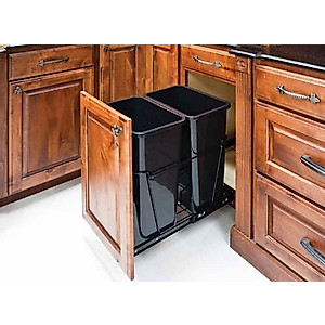 Hardware Resources Pull-Out Waste Container - Easy-to-Mount Cabinet Garbage Can Rolling Insert - Heavy-Duty Steel Frame - Smooth Sliding, Ball-Bearing Slides - Dual 35-Quart Capacity, Black Finish