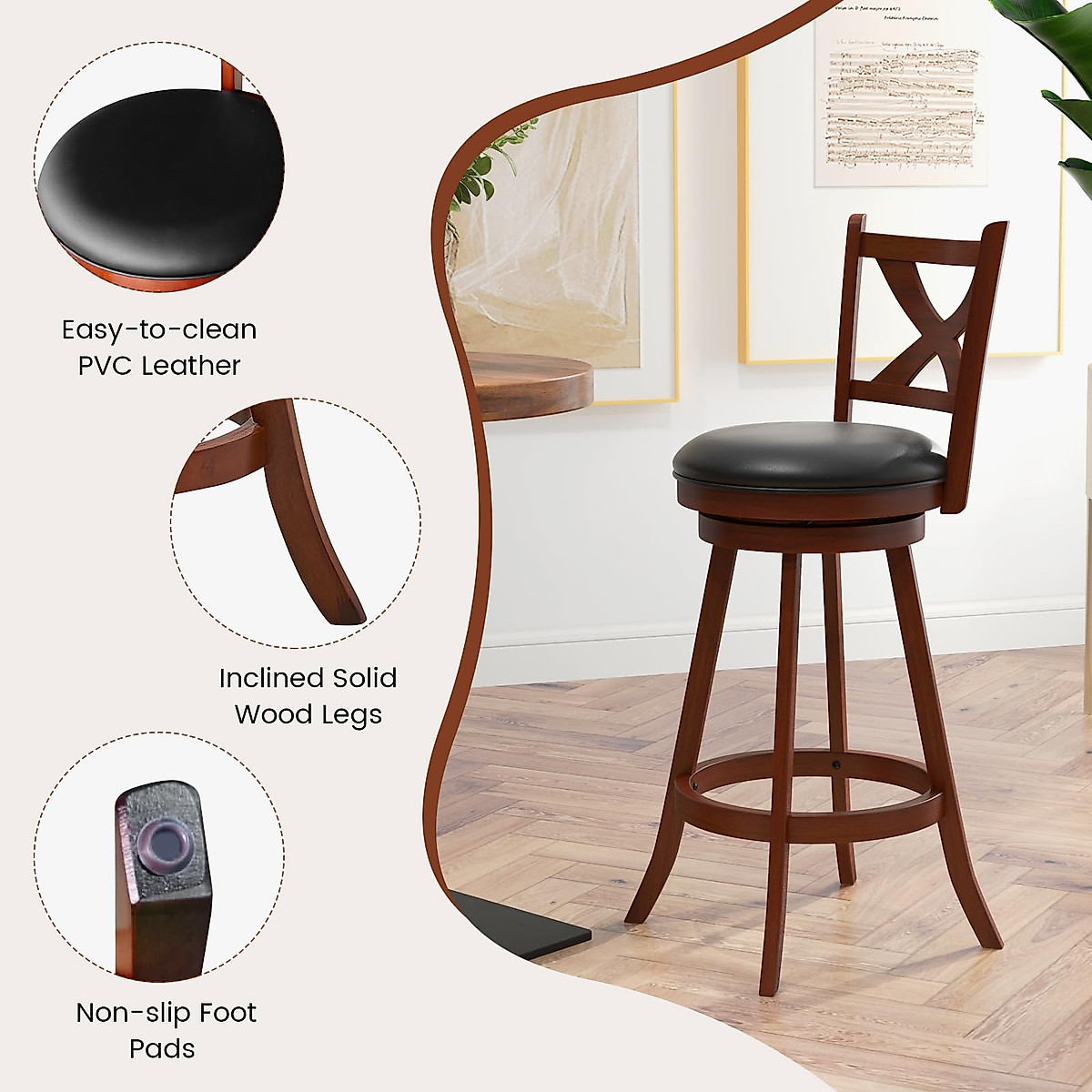 Giantex 30” Bar Stools Set of 2, 360° Swivel Counter Height Stools with Back, Solid Rubber Wood Frame, Leather Padded Seat, Vintage Upholstered Armless Farmhouse Barstools for Kitchen Island Home Bar