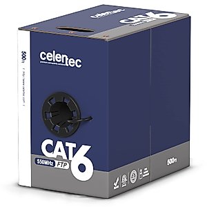 celertec CAT6 Shielded Cable, 500ft, FTP (Overall Foil Shield), 23AWG Solid Bare Copper, 550MHz, ETL Listed &CMR Riser Rated, Indoor, Bulk Ethernet Cable, Black