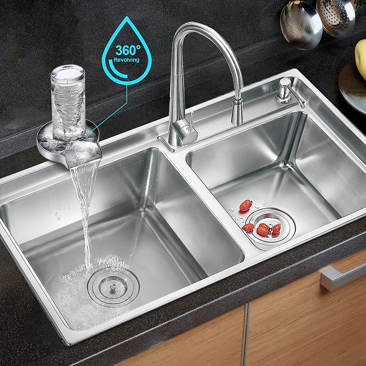 Glass Rinser, Ranol cup washer for sink with metal base, Stainless steel glass rinser for kitchen sink, Perfect for cleaning all glassware