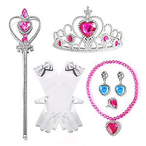 Akokvlar Princess Peach Costume for Girls Deluxe Halloween Dress Up Outfit with Accessories (Pink, 5-6 Years)