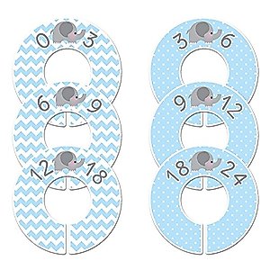 C40 Baby Boy Nursery Closet Clothing Size Divider Elephant Blue Set of 6 Fits 1.25 Inch Rod