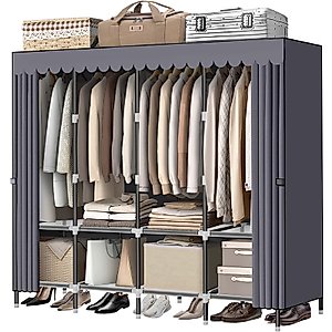 LOKEME Wardrobe Closet，Grey Portable Closet with Zippers， 65.4Inches 19mm Diameter，Portable Closets for Hanging Clothes，with 4 booms and Storage cabinets，Spacious Large -Capacity Storage Space