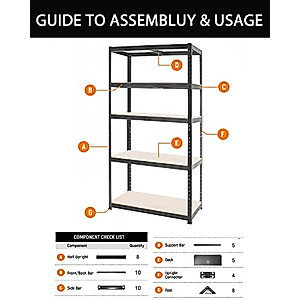 66" Storage Shelves, Heavy Duty Steel Frame 5-Tier Storage Shelves for Garage, Heavy Duty Shelving Unit Metal Storage Rack, Adjustable Storage Shelves Standing for Home/Office/Dormitory/Garage (BLACK)