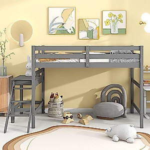 WOXYX Wood Full Size Loft Bed with Platform and Ladder for Kids,Space Saving Low Loft-Bed for Girls Boys,Gray