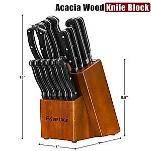Knife Set, 15 Pcs Kitchen Knife Set With Block, Astercook German Stainless Steel With Scissors, Knife Sharpener and 6 Serrated Steak Knives