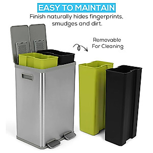 40 Liter Rectangular Hands-Free Dual Compartment Recycling Kitchen Step Trash Can with Soft-Close Lid, Brushed Stainless Steel (2 x 20L Capacity)