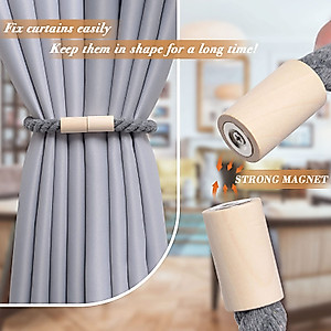 NICEEC 2 Pack Wooden Magnetic Curtain Tiebacks Boho Home Decoration Drape Tie Backs Natural Cotton Handmade Rope Curtain Holdbacks for Thin or Thick Home & Office Window Drapery (Grey)
