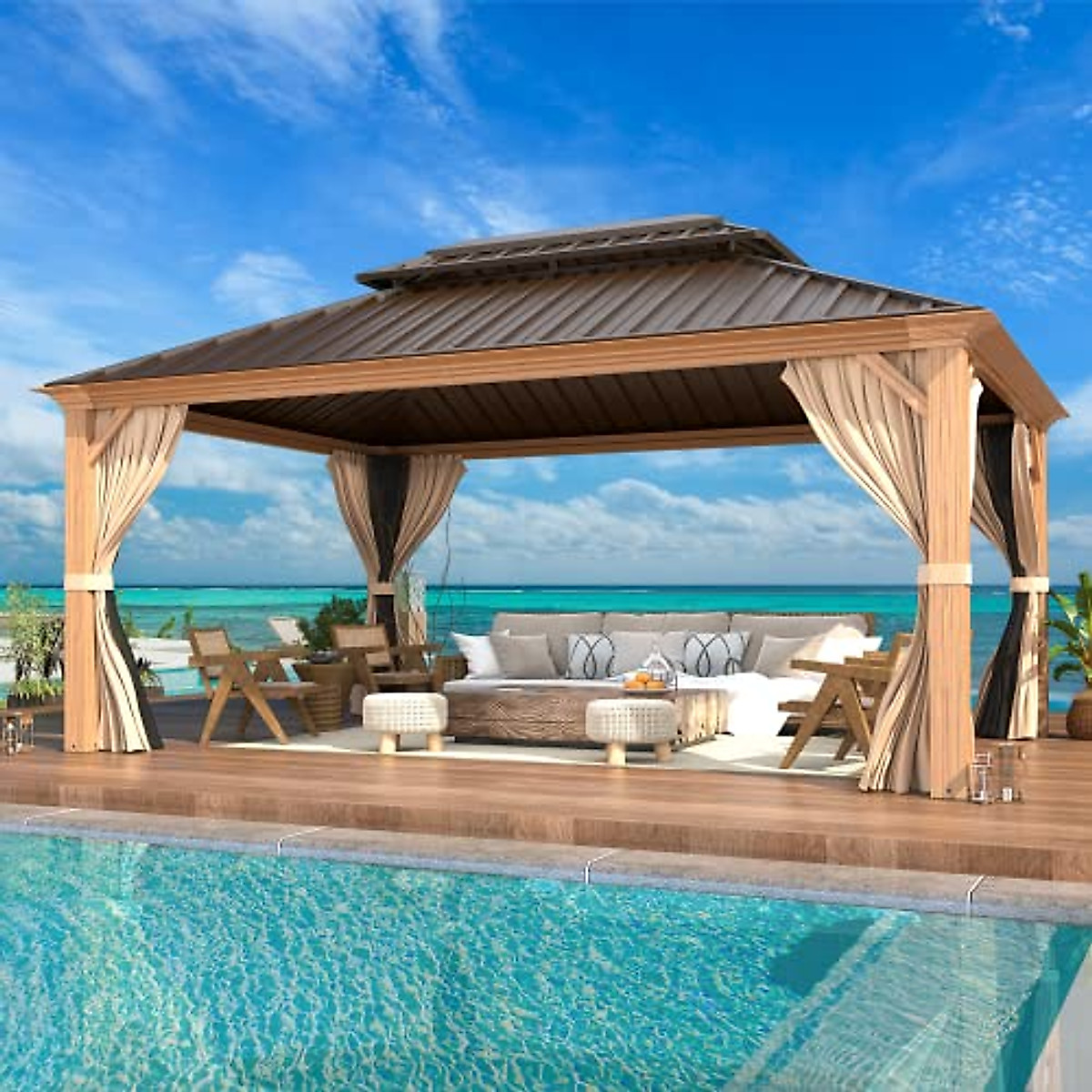 Erinnyees 12' x 16' Aluminum Wood Grain Hardtop Gazebo, Outdoor Aluminum Double Roof with Privacy Curtain and Mosquito Net for Patio, Lawn, Garden, Backyard(Wood Looking)