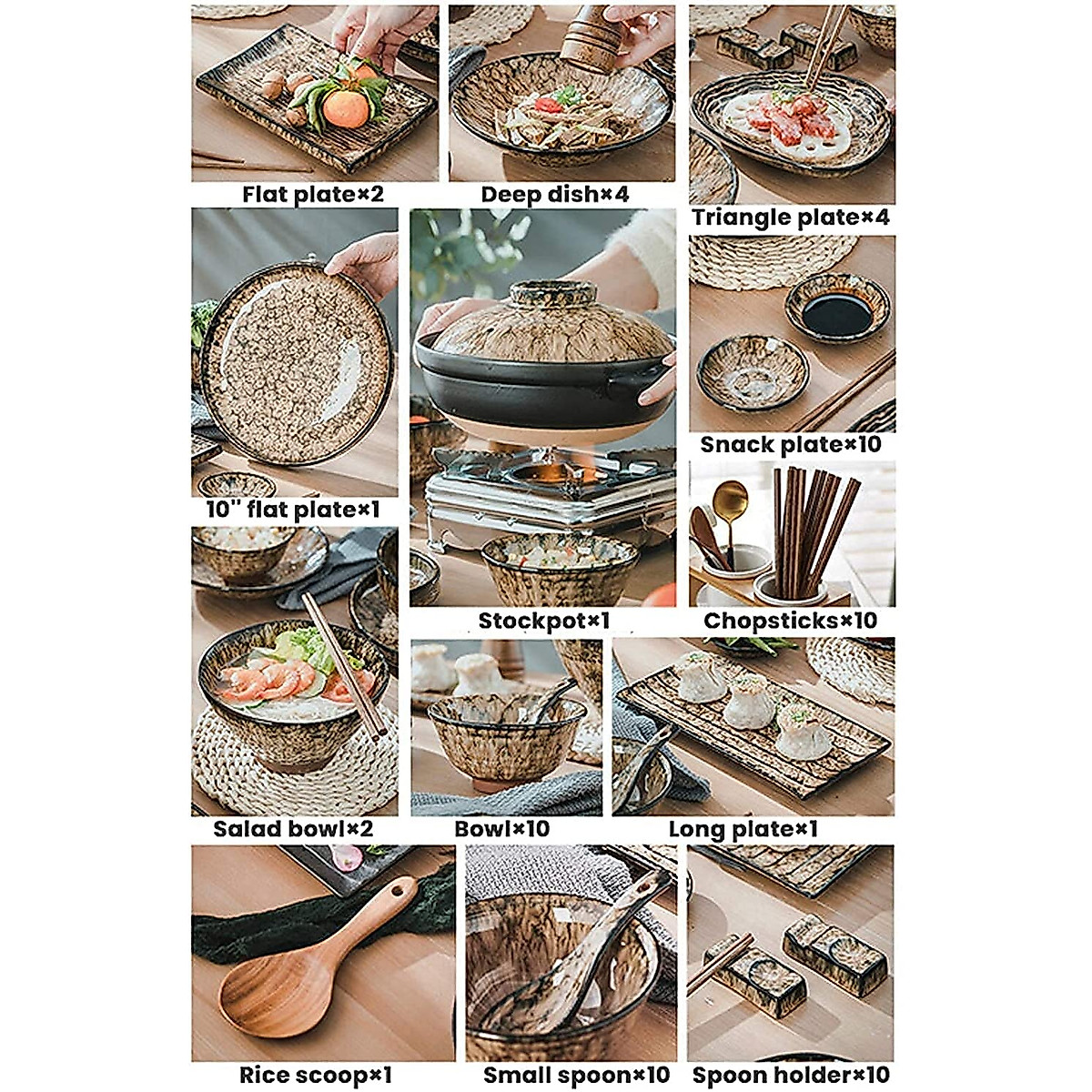 Porcelain Plate and Bowl Set,Dinnerware Set for Home or Special Restaurant, Ceramics Dinner Sets, 66 Pieces Leopard Glaze Porcelain Dinnerware Set | Japanese-Style Steak Plate Cereal Bowl and Soup Bo