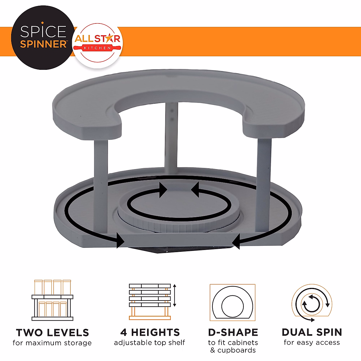 Stow-n-Spin Spice Rack Organizer for Cabinet 2 Tier Lazy Susan Organizer Holds 40 Spice Jars with Double Spinner on Bottom Spice Shelf for Kitchen Pantry Organization and Storage Made in USA