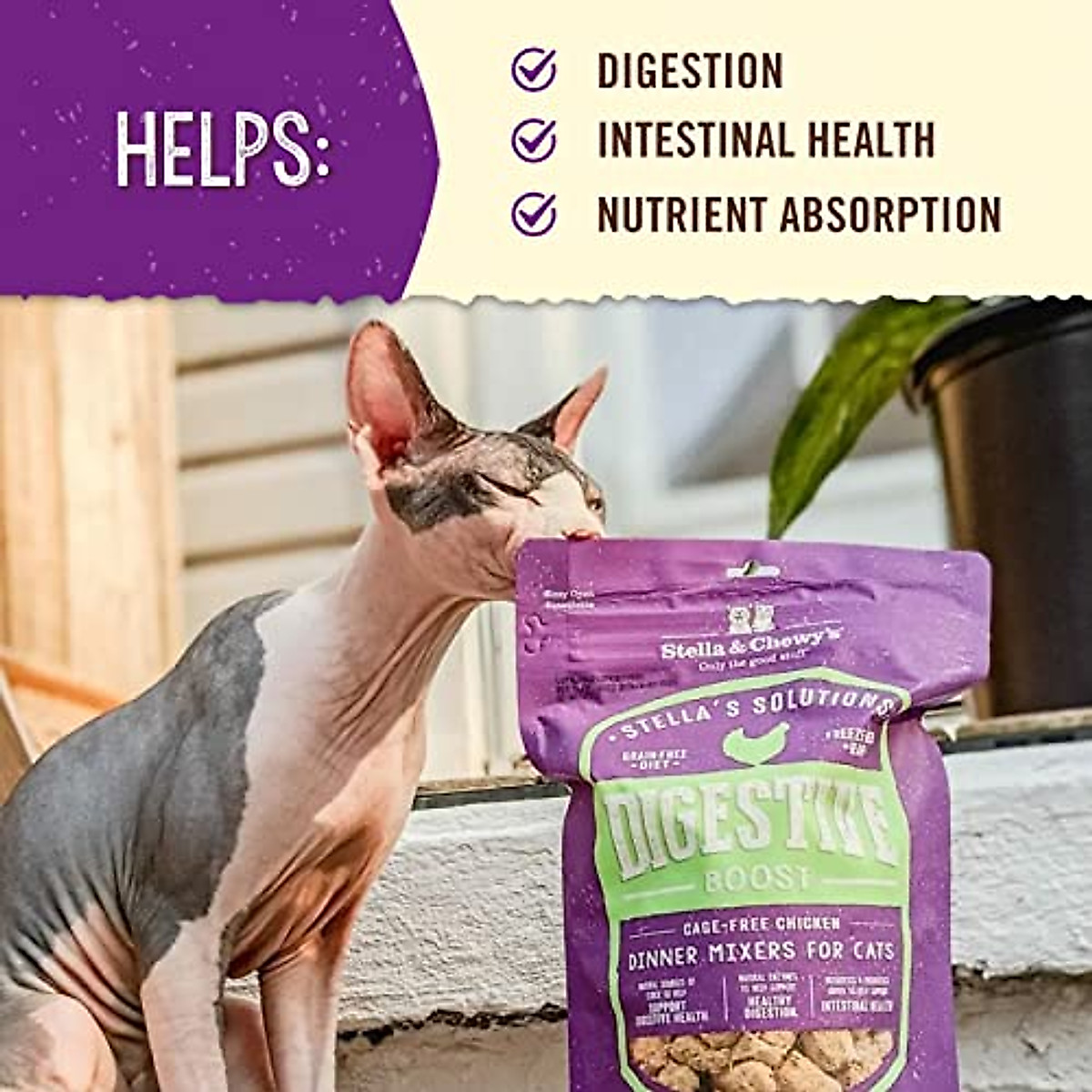 Stella & Chewy’s – Stella’s Solutions Digestive Boost – Cage-Free Chicken Dinner Mixer – Freeze-Dried Raw, Protein Rich, Grain Free Cat Food – 7.5 oz Bag