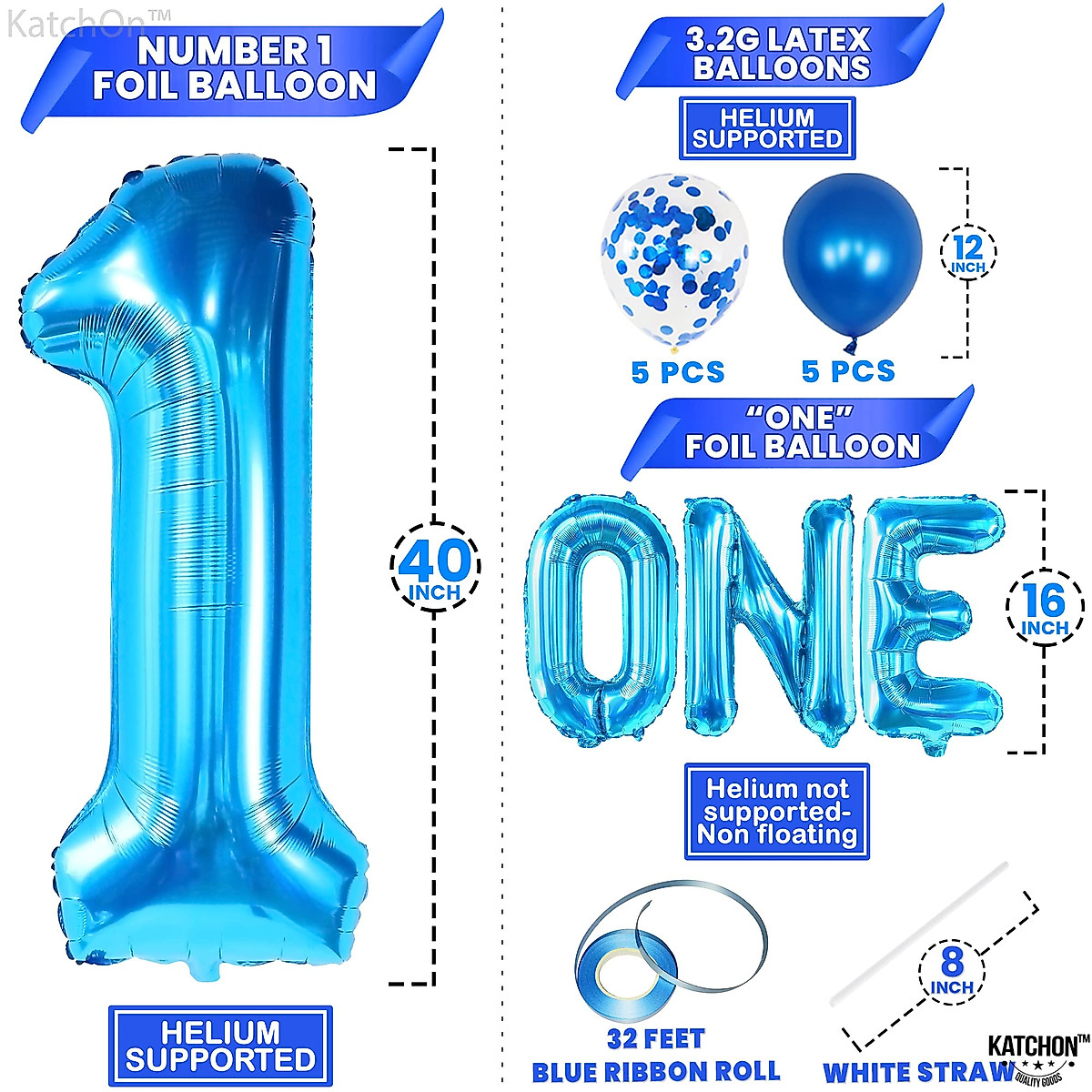KatchOn, Blue 1 Balloon for First Birthday - Pack of 12 | Blue Number 1 Balloons, One Balloon Blue for Baby Shark 1st Birthday Decorations | Blue 1st Birthday Balloons for Boy | One Year Old Balloons