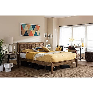 Baxton Studio Loafey Mid-Century Modern Solid Walnut Wood Window-Pane Style Full Size Platform Bed