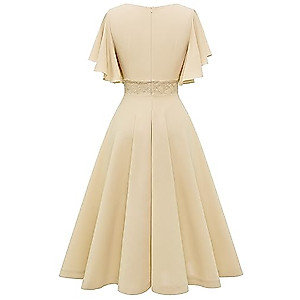 Gardenwed Beige Women's Cocktail Dress Ruffle Short Sleeve A Line Swing Flared Midi Party Homecoming Dresses Champagne 2XL