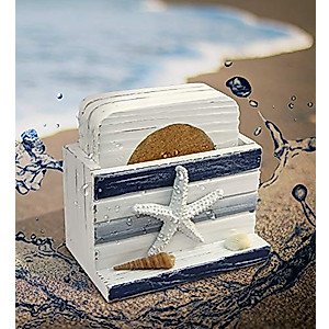 COTA Global Blue Stripes Nautical Wooden Coaster Set - Table Top Centerpiece Coastal Decor for Kitchen, Home, Beach House, Rustic Decorative 4 Coasters Set with Holder - Handmade Color May Vary