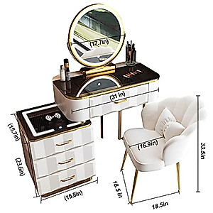 YIMAKEY Vanity Desk Mirror Bluetooth: Cute Makeup Table with Lights Mirror Chair 5 Drawers Wireless Charging Speaker Modern Mesa Combo - for Women - Authentic Handmade (White Black - 31 inch)