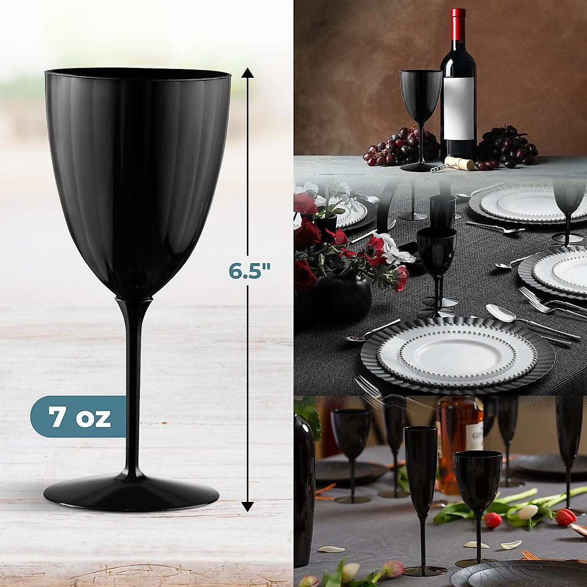 Posh Setting 7oz, Black Plastic Wine Glasses Hard Plastic Disposable Stemware, Drinking Cups with stem for Toasting, Weddings parties Plastic Wine cups for Home [8 Pack]