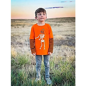 Unisex Kids Little Boys Halloween Pumpkin Shirt Glow in The Dark Skeleton Outfit Girls Stripe Long Sleeve Tee Size 8 9