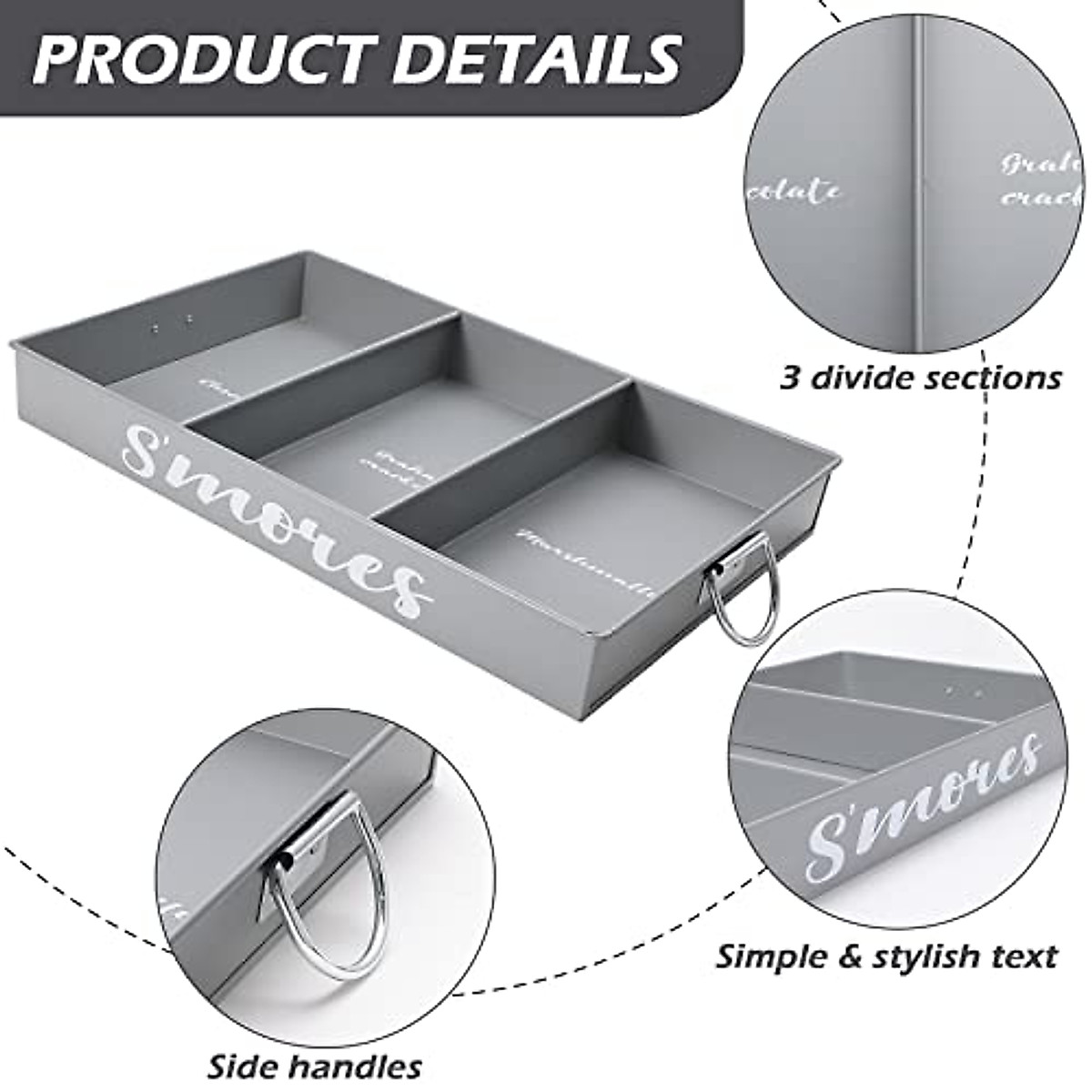 Webake Smores Tray with Food Tongs, Grey S'Mores Station Farmhouse S'Mores Bar Holder with Handles Rectangle Divided Metal Serving Tray