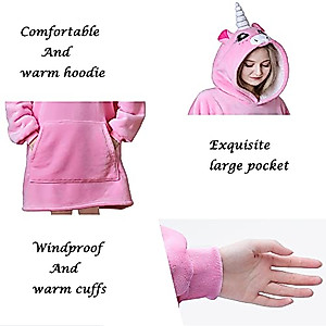 Queenshin Pink Unicorn Oversized Hoodie Wearable Blanket for Womens Girls, Kawaii Adults Comfy Sherpa Hoody Sweatshirt Robe with Ears, One Size