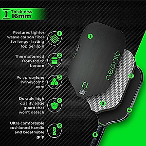 Neonic Force 16mm Carbon Fiber Pickleball Paddle, Thermoformed Elongated Professional Paddle with Foam Injection Unibody