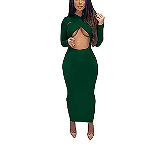 Women's Sexy Long Sleeve Cross Wrap Cut Out Bodycon Mixi Party Club Dress Dark Green