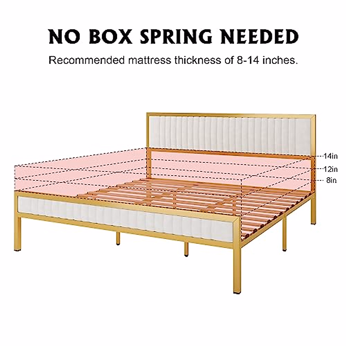 HOMFAMILIA King Size Bed Frame with Headboard, Upholstered White and Gold Platform Bed Frame w/LED Lights and Under-Bed Storage, No Box Spring Needed, Noise Free, Easy Assembly