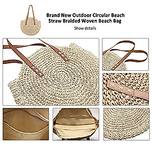 Round Woven Zippered Shoulder Bag,Handbags Beach Straw Bag Large Handmade Weaving Shoulder Bag Natural Chic Women Straw Woven Tote Summer Beach Tote for Women Vacation and Daily Use(Off-white