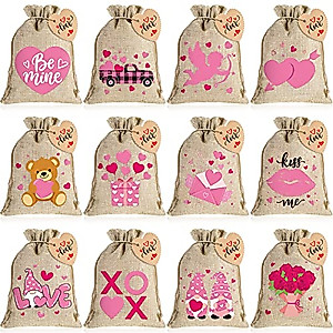 24 Pieces Valentine's Day Candy Gift Bags Heart Small Gift Bags Drawstring 7 x 5 Inch Burlap Party Bags with Tags Wedding Pouches Wedding Favor Drawstring Bags for Valentine's Day Wedding DIY Favors