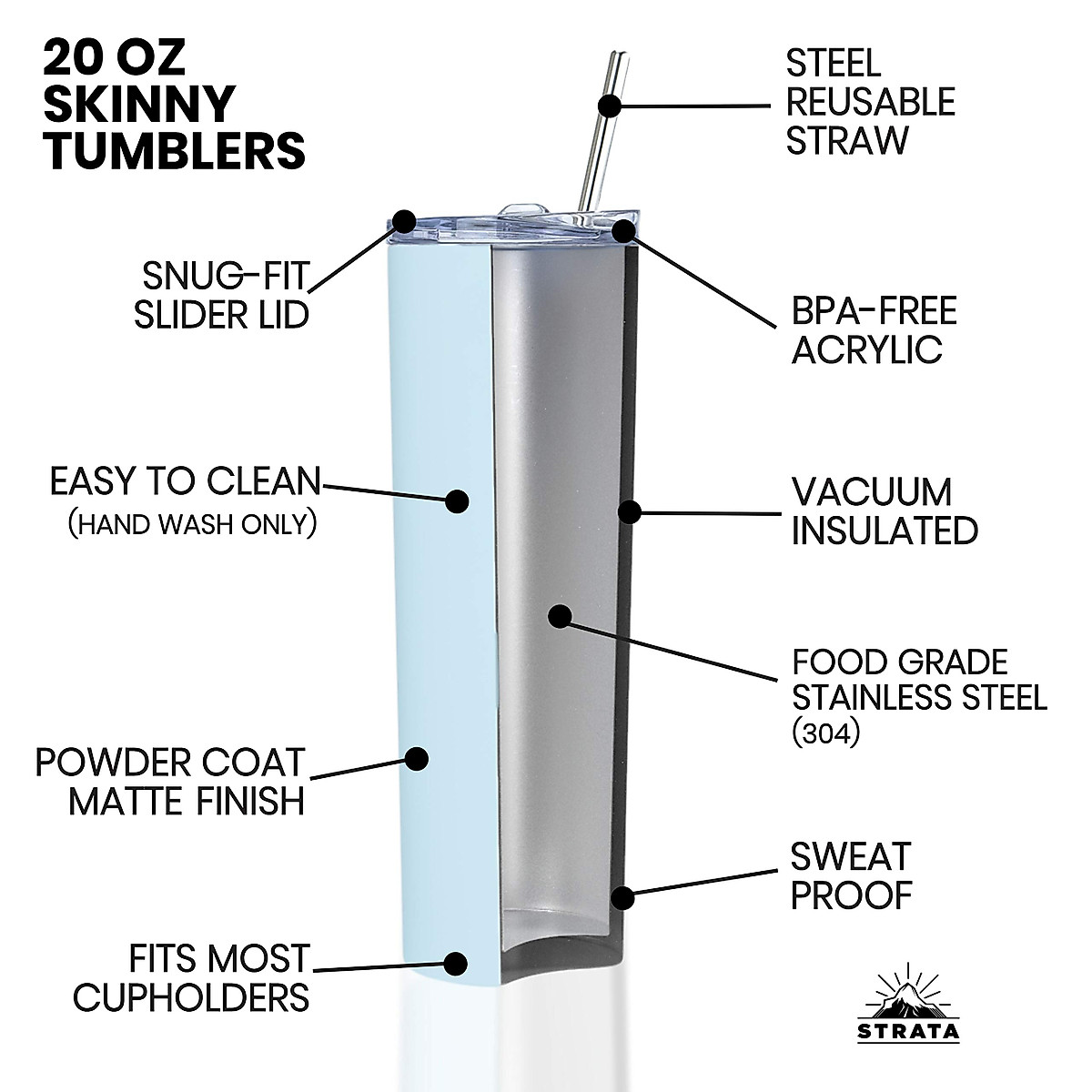 STRATA CUPS Periwinkle Skinny Tumbler with Lid and Straw (4 Pack) - 20 Oz Double Wall Insulated Stainless Steel Slim Tumbler with Straw Cleaner, Reusable Metal Tumbler for Hot and Cold Drinks