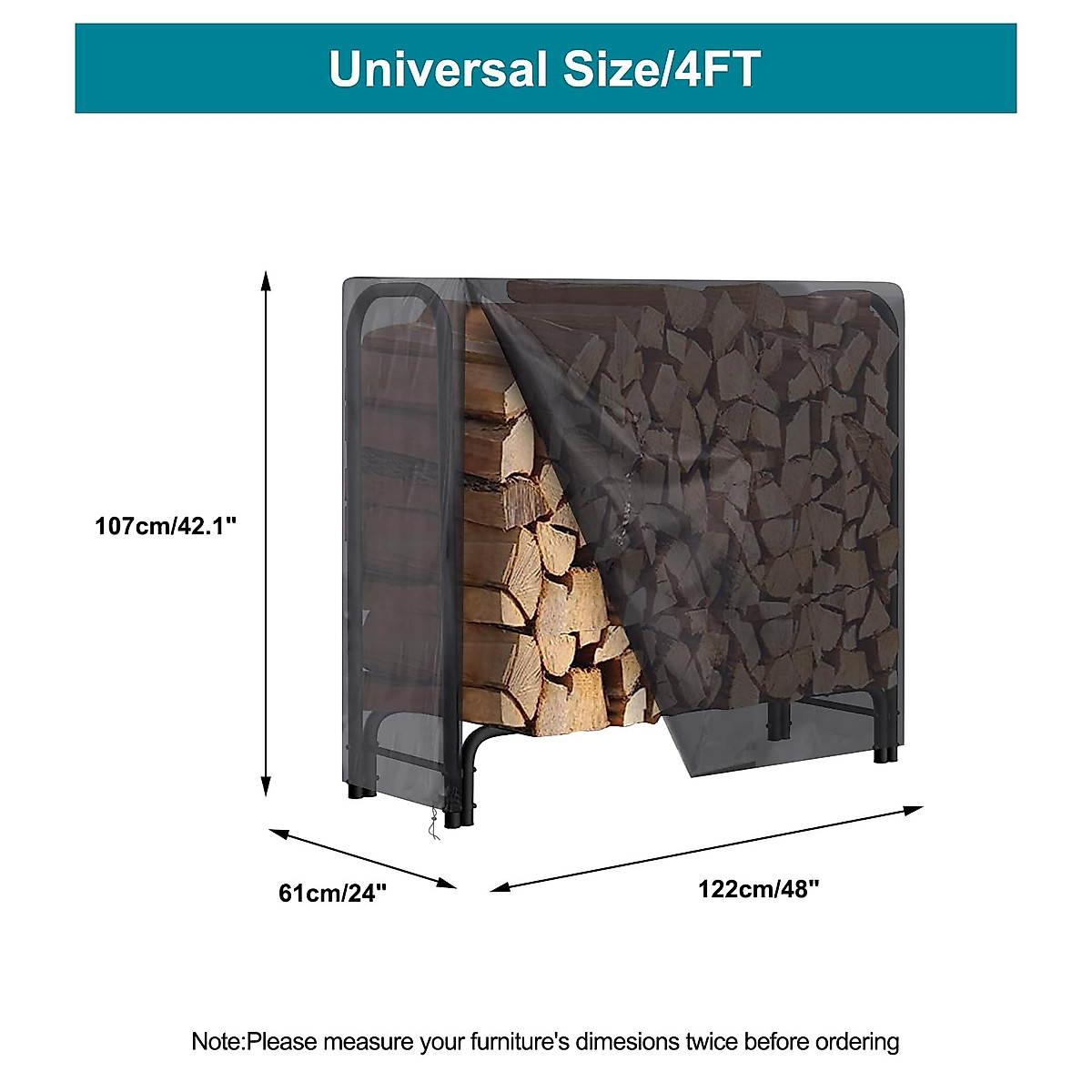 DUDSOEHO 4FT Firewood Rack Cover Waterproof, Fire Wood Storage Holder Covers Heavy Duty Oxford Fabric Firewood Log Hoop Cover Outdoor Indoor with Zipper, Black