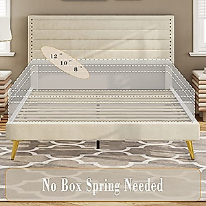 LIKIMIO Queen Bed, Platform Bed Frame with Upholstered Headboard and Wooden Slats Support, No Box Spring Needed, Easy Assembly, Beige