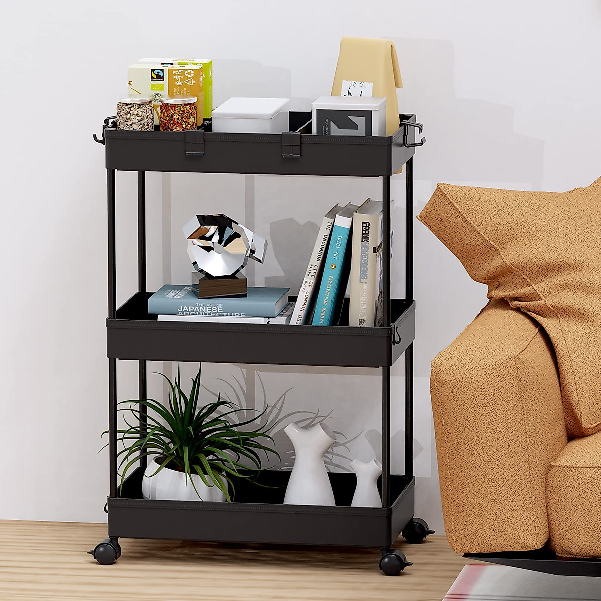 SPACELEAD 3 Tier Rolling Cart with Wheels, Storage Craft Art Cart Trolley Organizer Serving Cart, 3 Hanging Baskets Easy Assembly, for Office, Living Room, Kitchen, Black