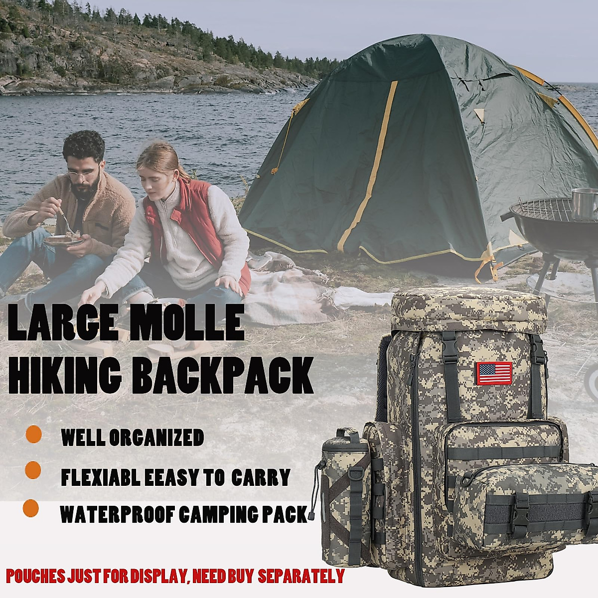 outdoor plus Extra Large Camping Backpack For Men, Military Molle Hiking 2 Daypack 60L70L85L Waterproof Backpacking Rucksack