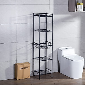 L&H UNICO 5-Tier Freestanding Shelving Units Adjustable Metal Rack with Storage Basket for Small Space, Bathroom, Living Room, Kitchen, Black