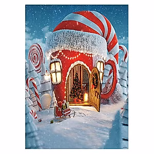 Funnytree 5x7ft Vinyl Christmas Candy Cup House Photography Backdrop Snow Pine Tree Red and White Stripes Background Children Newborn Baby Portrait Photo Studio Photobooth Props