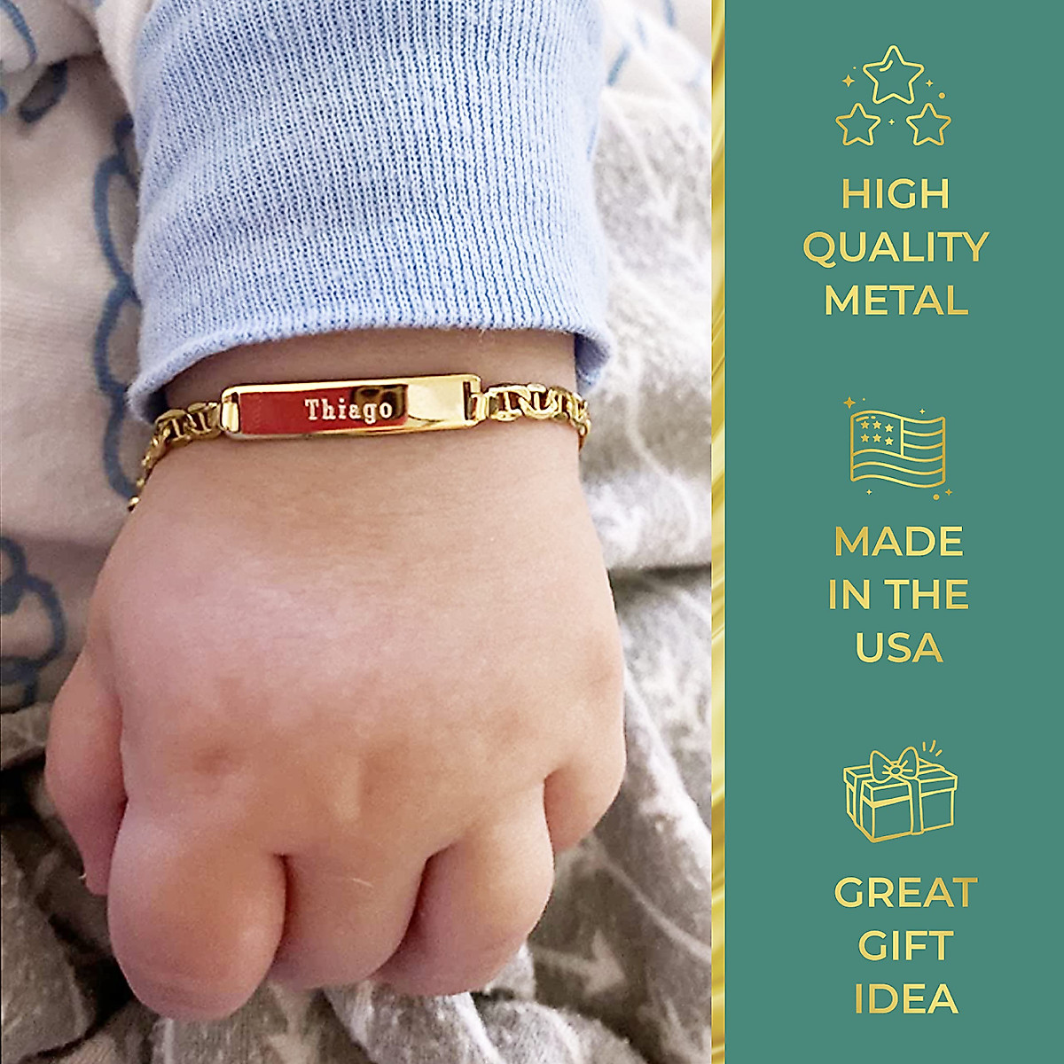 Brilliant Bijou Children's Name Bracelet - ID Engraved Bracelet, 14k Yellow Gold Child Bracelet for Girls and Boys Real Gold ID Bracelet (Not Plated or Filled)