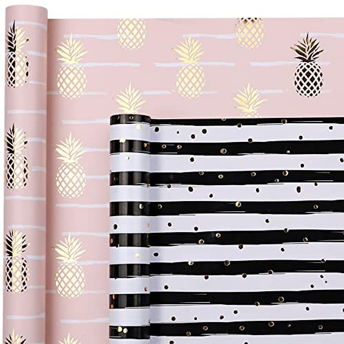Packanewly Wrapping Paper Roll Set with Cutline on Reverse for All Occasion - Pink Gold White, Black Stripe, Fruit Pineapple Gift Wrap paper Bundle(4 Pack, 100 sq. ft. ttl.) - 30 x 120 Inch Each Roll