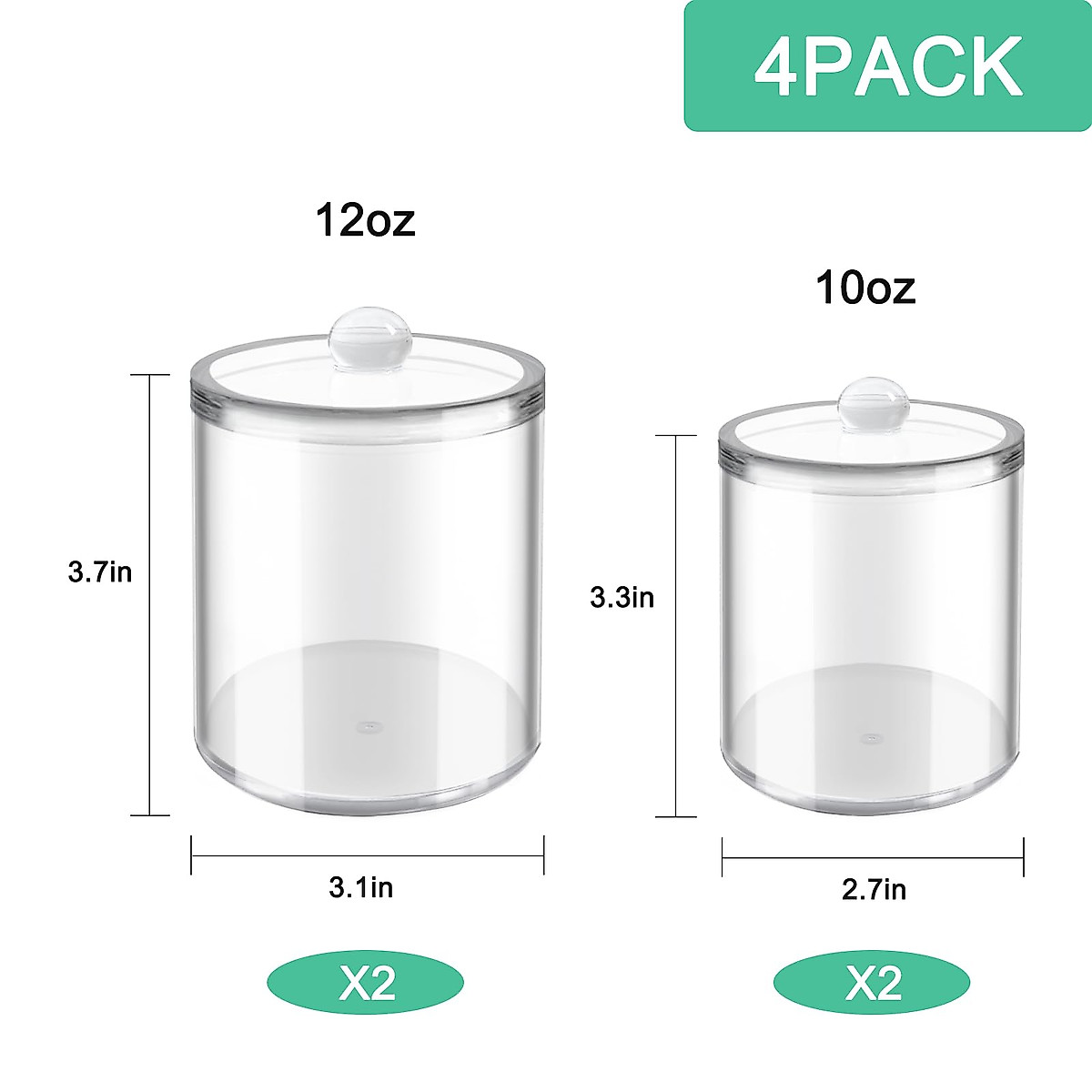 YOLCAR 4 Pack Cotton Swab Holder, Clear Acrylic Jars with Lid for Cotton Swabs, Cotton Balls, Home Decor, Bathroom Storage and Organization, Vanity Makeup Storage Organizer, 10oz and 12oz