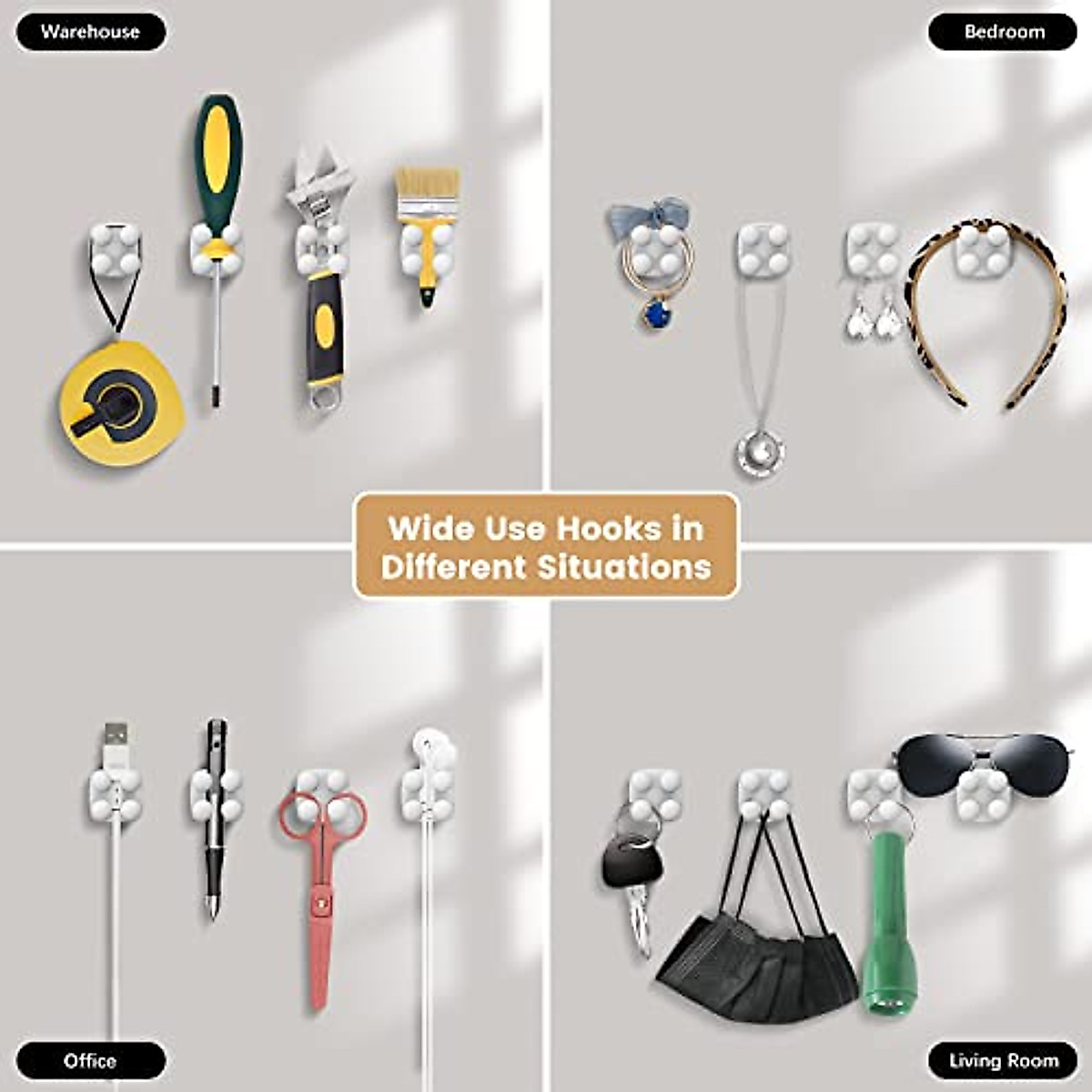 PUKOKAL 6 Pcs Adhesive Hooks Holders Dorm Room Essentials for Hanging Item, Silicone Toothbrush Razor Holder on Wall Door, Functional Utility Hooks for Kitchen Bathroom College Home Office (White)