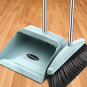 QULSE Broom and Dustpan Set for Home - Dust Pans with Long Handle - Outdoor Indoor for Home Kitchen Room Office,Must Haves for Home (Blue)