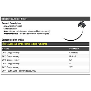 Marketplace Auto Parts, Trunk Liftgate Lock Actuator Motor and Latch Assembly - Compatible with 2011-2017 Dodge Journey (For Vehicles without Power Liftgate)