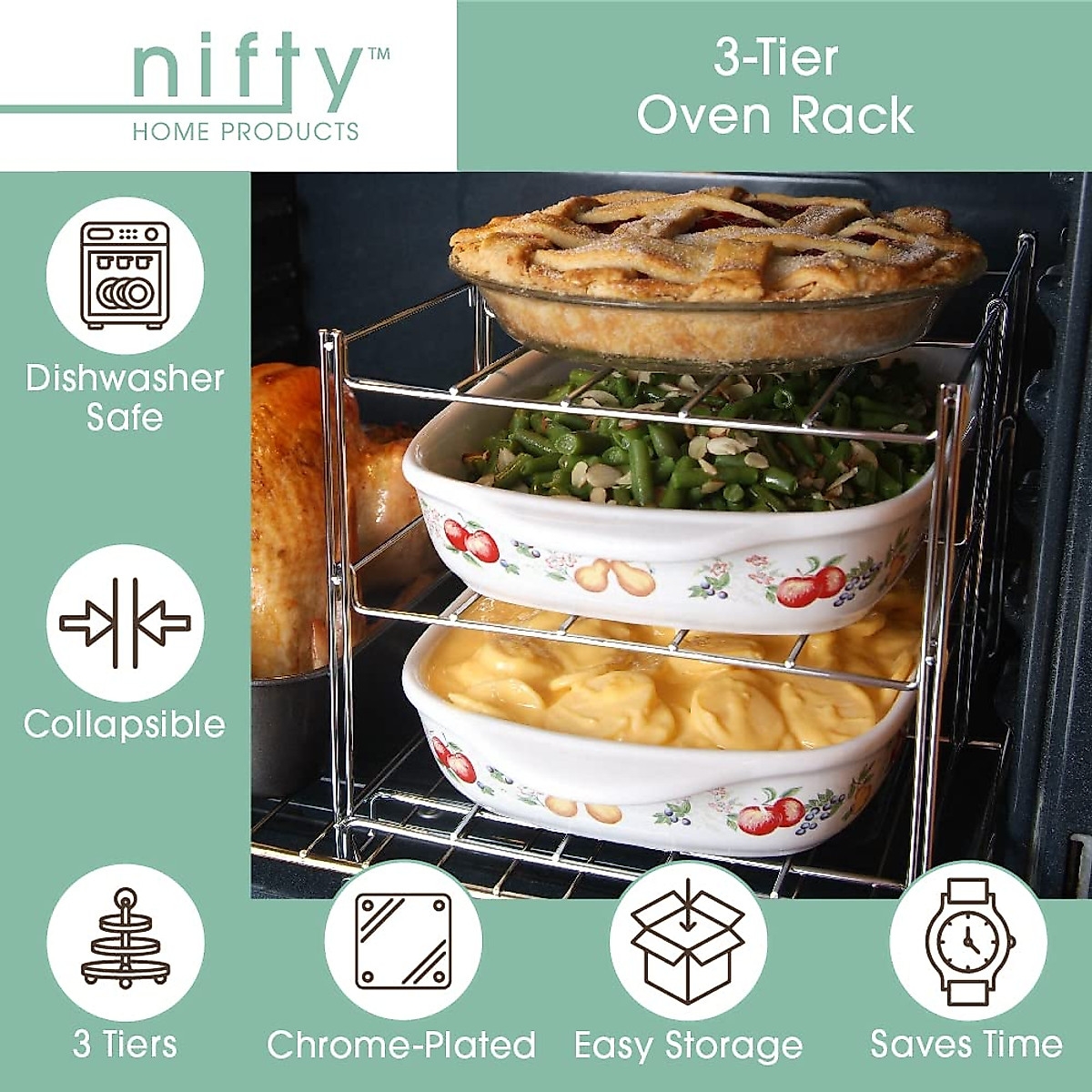 Nifty 3-Tier Oven Rack – Non-Stick, Dishwasher Safe, Use for Cooking Casseroles, Compact Collapsible Kitchen Storage, Chrome-Plated Steel Construction