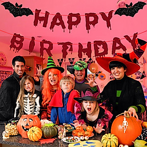 Red Glittery Happy Birthday Halloween Banner, Simple Suspension Halloween Birthday Party Supplies Horror Themed Birthday Decorations, Bat Vampire Halloween Party Scary Horror Party Decorations
